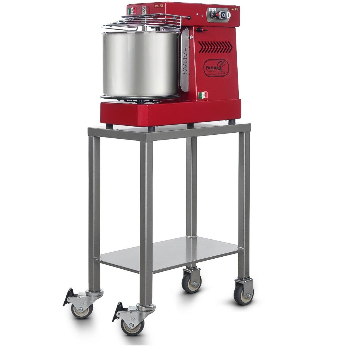 Rolling kitchen cart for spiral dough mixers, made in USA!
