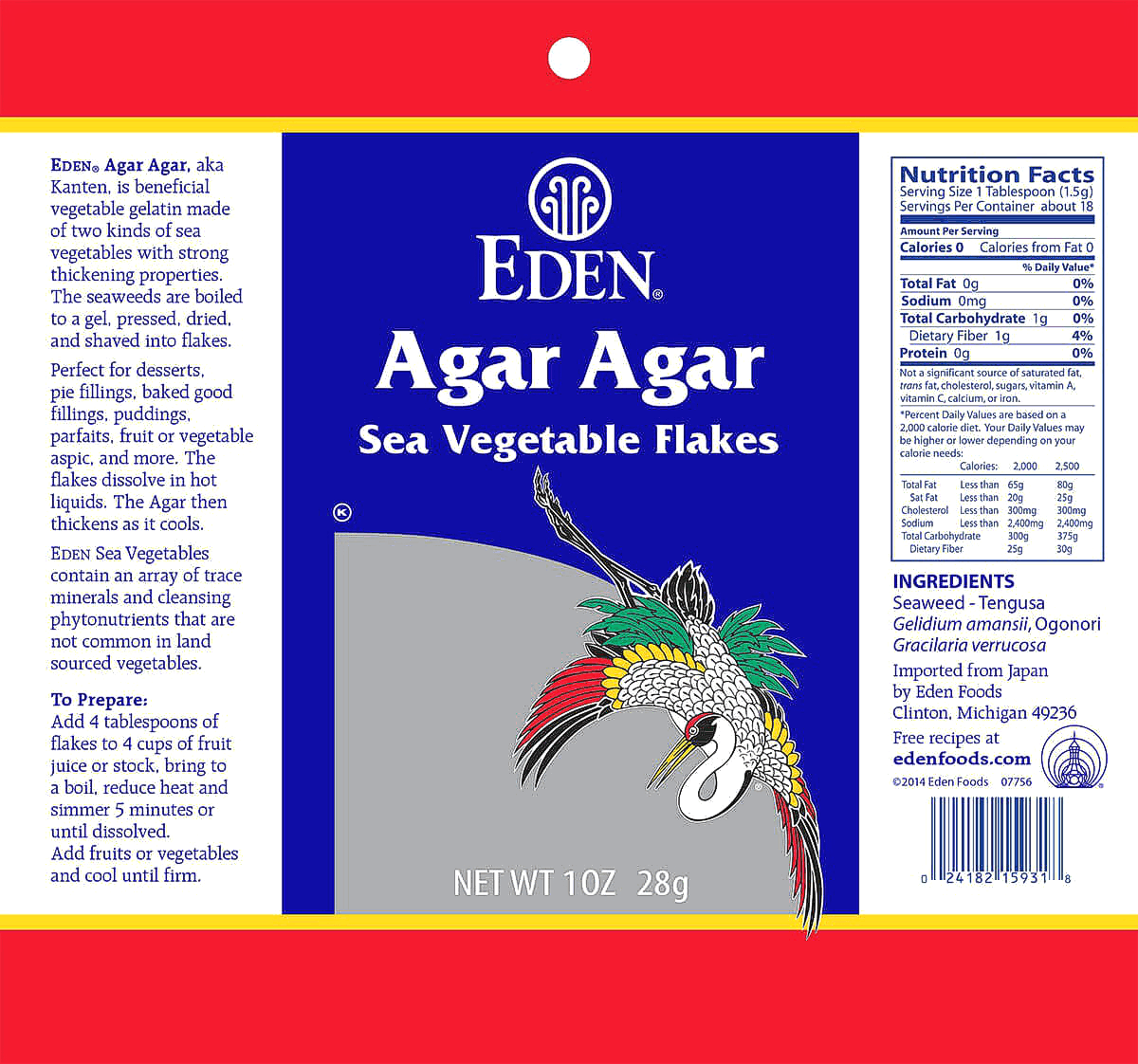 Agar Agar Sea Vegetable Flakes, 1 oz
